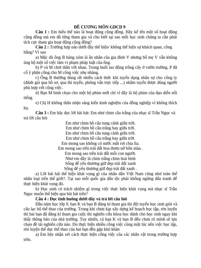 ĐỀ CƯƠNG MÔN GDCD 9 | PDF