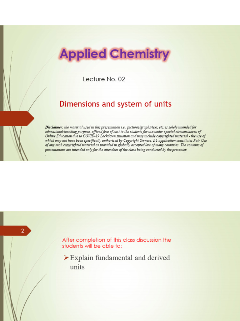 Lecture 02 Units and Dimensions | Applied Chemistry | PDF | International System Of Units | Force