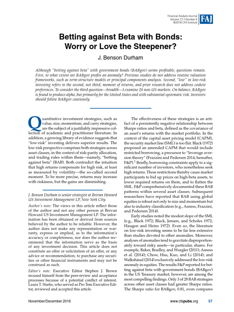 Durham Betting Against Beta Bonds Faj.v72.n6.5 | PDF | Beta (Finance ...