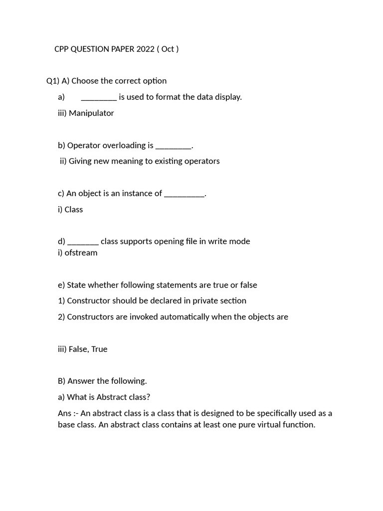 C++ QUESTION PAPER 2022 (Oct ) | PDF | Constructor (Object Oriented ...