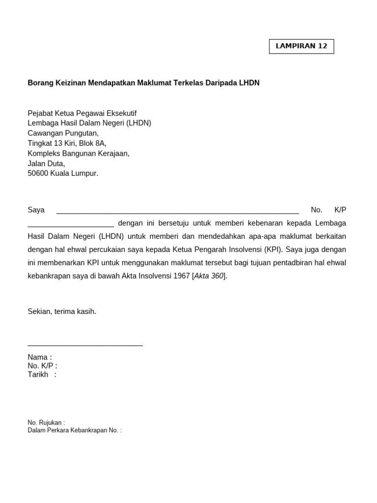 Lampiran 12 - Borang Keizinan Mendapatkan Maklumat Terkelas Daripada LHDN | PDF