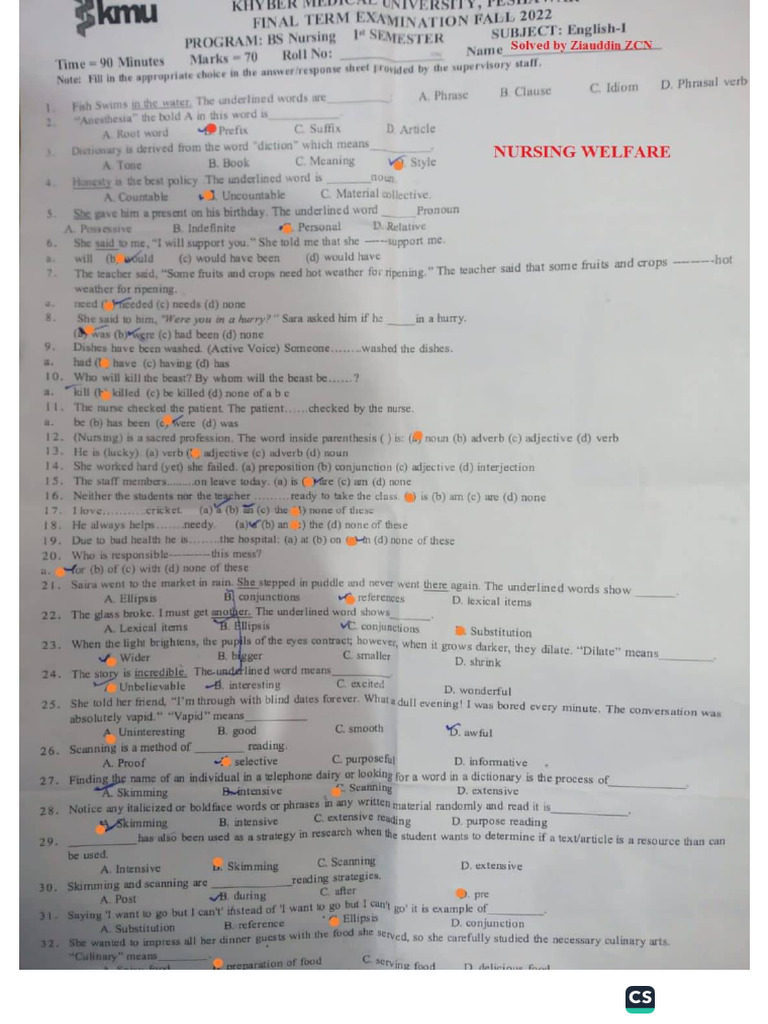 English-I 2022 KMU BSN Past Paper | PDF