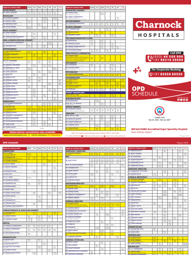 Charnock Hospital OPD Schedule 2024 | PDF | Doctor Of Medicine | Dental ...