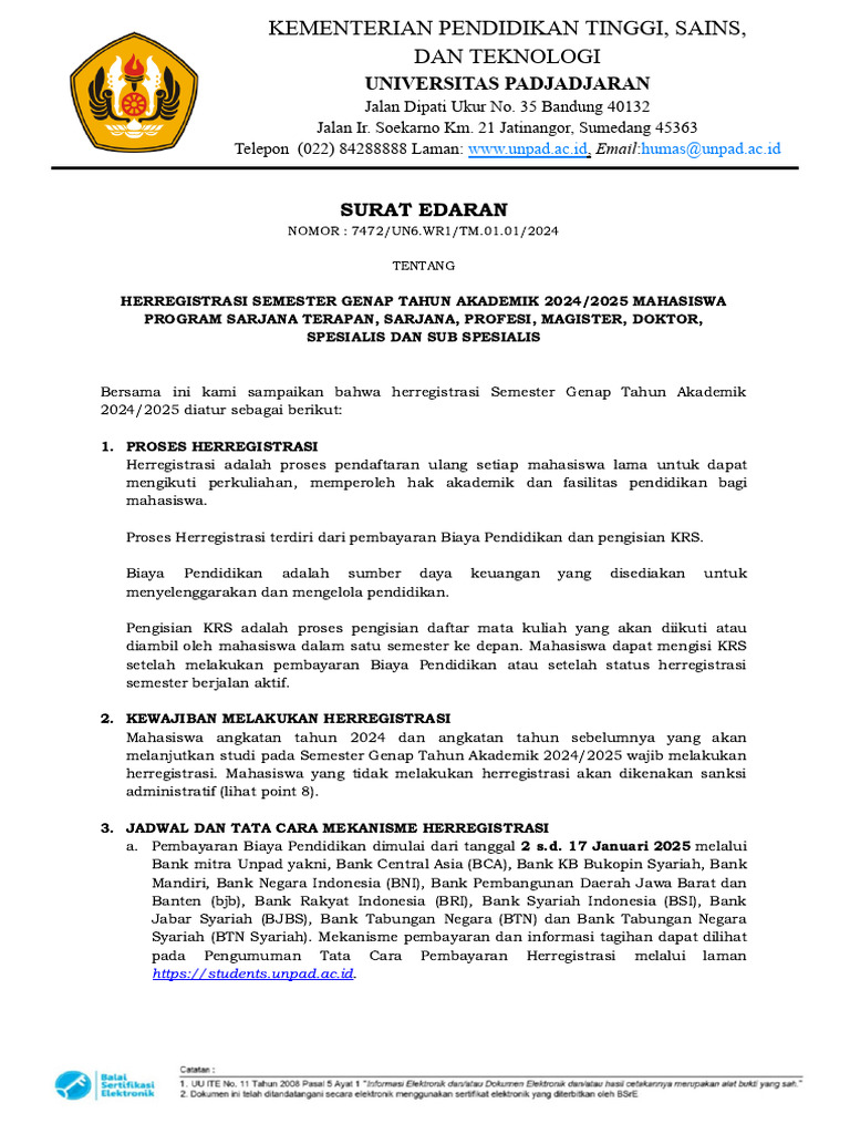 7472 - WR1 - Surat Edaran Herregistrasi Semester Genap T.A. 2024-2025 | PDF