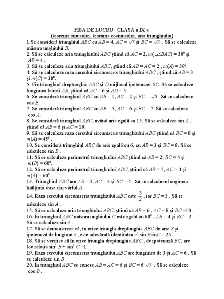Teorema Sinusului Teorama Cosinusului Aria Triunghiului-FISA de LUCRU ...