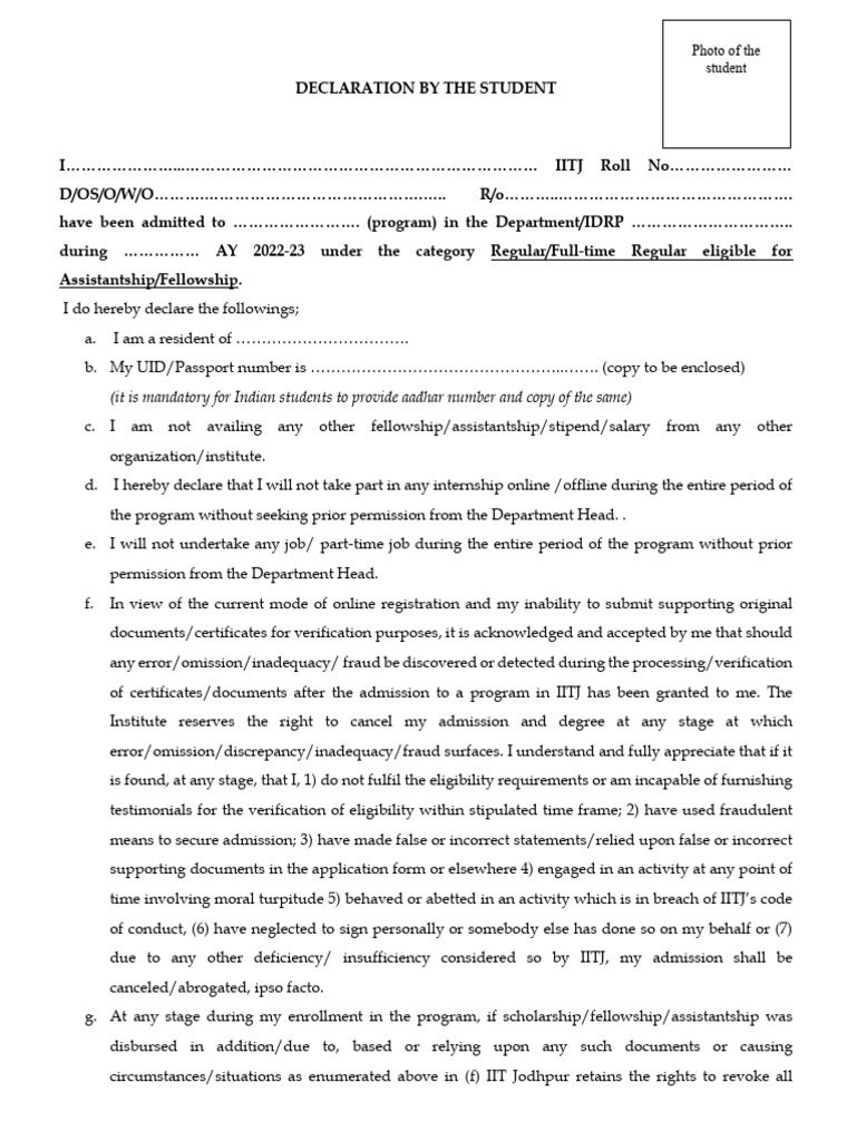 IITJ Student Declaration Form | PDF | Common Law | Justice