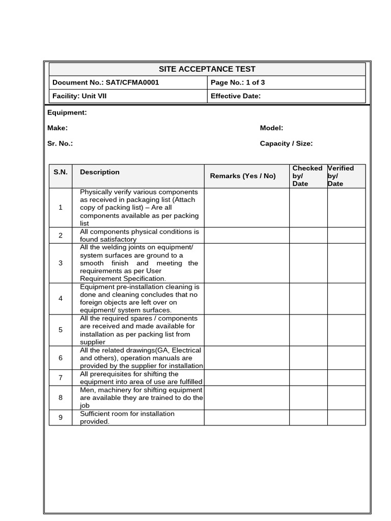 Site Acceptance Test for Capsule Filling Machine | PDF | Verification ...
