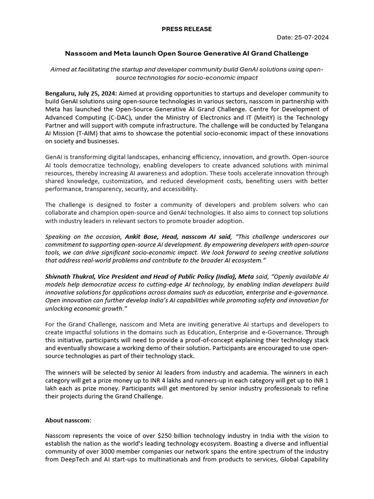 Nasscom Edits PR Opensource gc2024 | PDF | Open Source | Artificial Intelligence