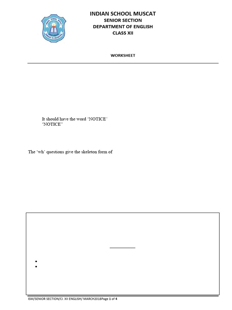 Class Xii English Notice Worksheet 2018-19 | PDF