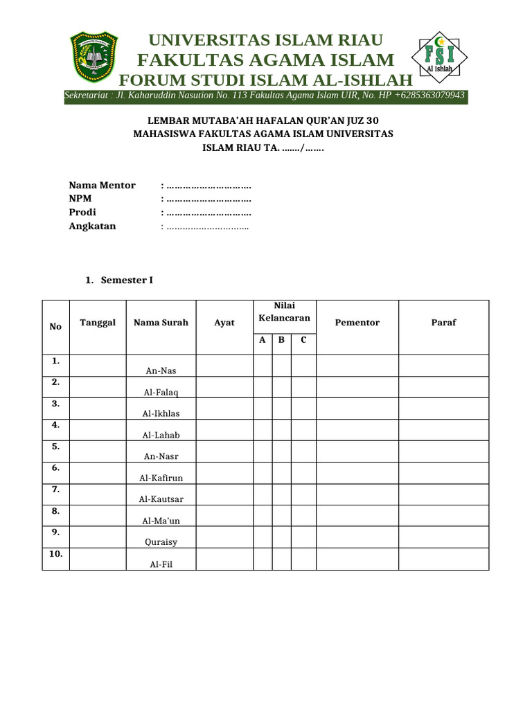Lembar Mutaba'ah Hafalan Juz 30 UIR | PDF