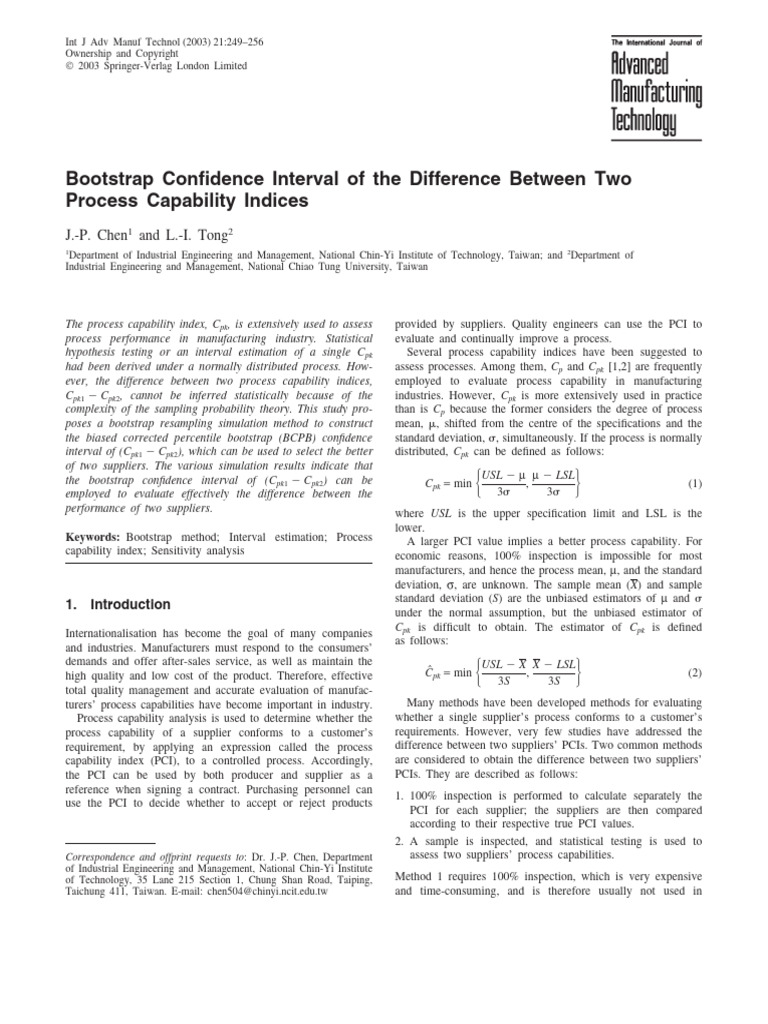 Bootstrap Confidence Interval of the Difference Between Two Process Capability Indices | PDF ...