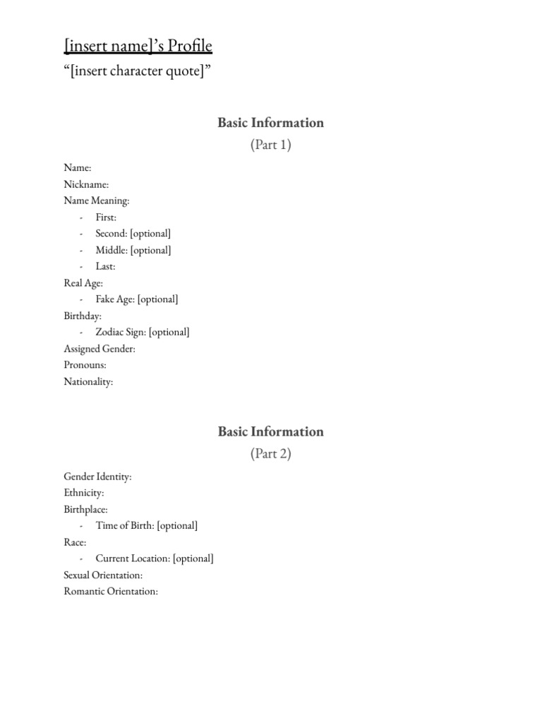 Character Profile Template - 1 | PDF | Sibling | Father