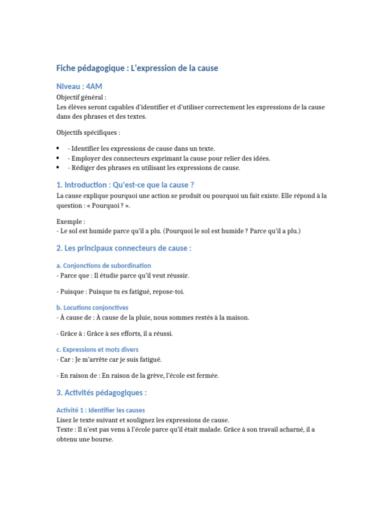 Fiche Pédagogique : Expressions de Cause | PDF