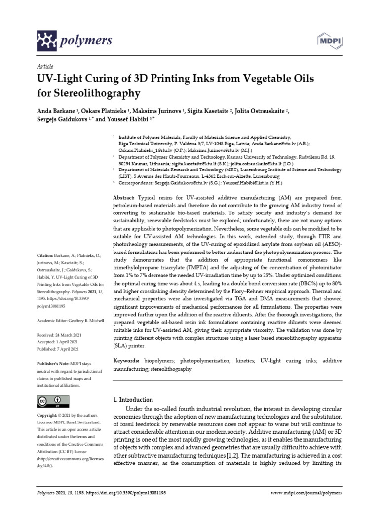 UV Light Curing of 3D Printing Inks From Vegetable Oils | PDF ...