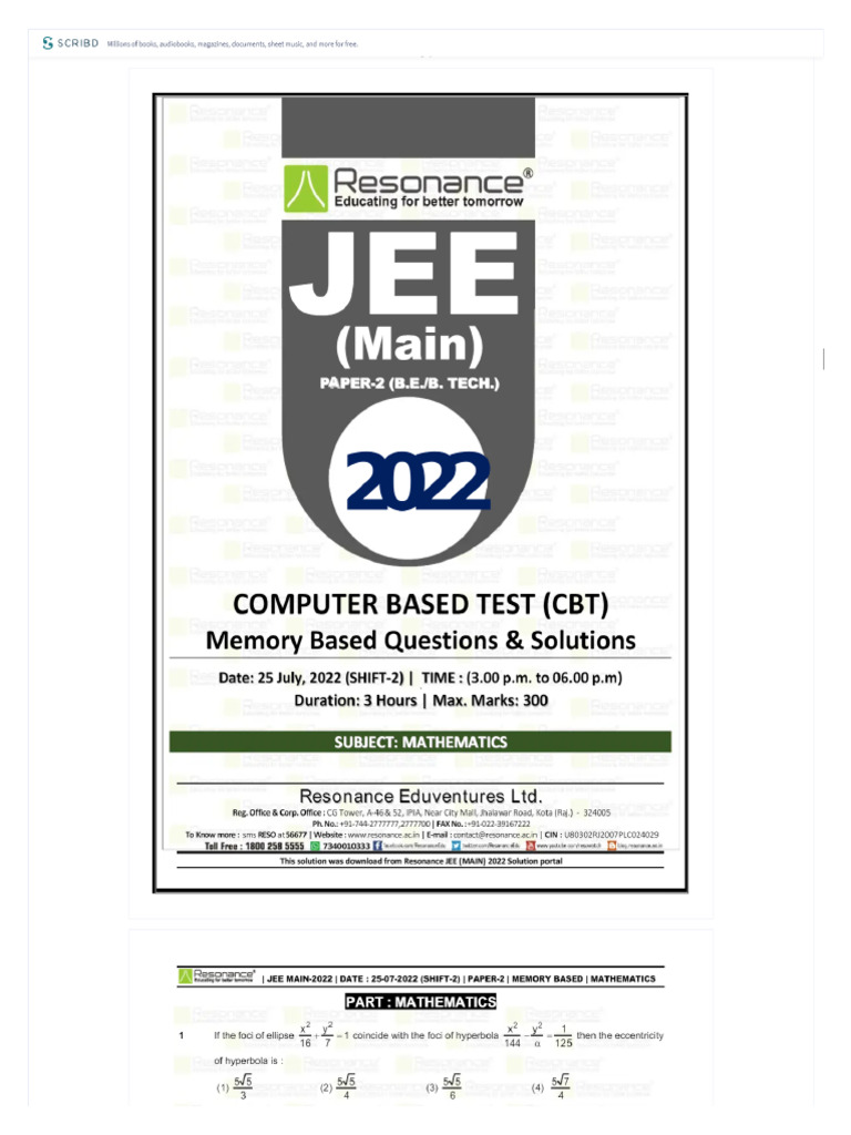 Jee Mains July 25 2022 Math sh2 | PDF