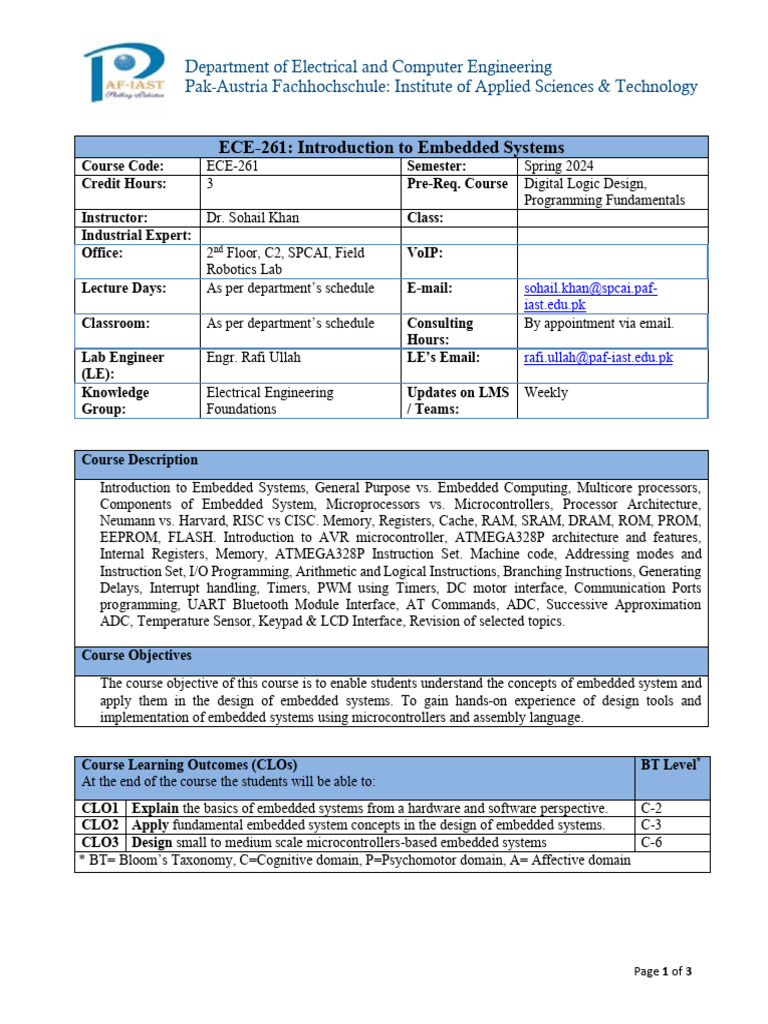 Course Card Introduction To Embedded Systems (Theory) ECE 261 | PDF | Embedded System ...