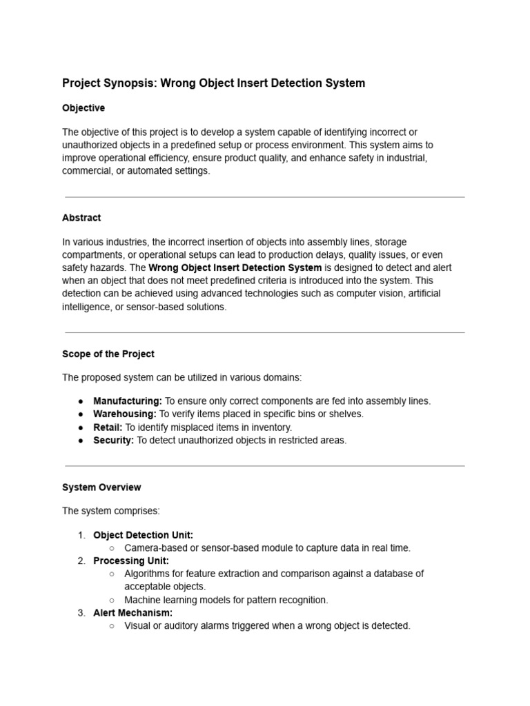 Project Synopsis - Wrong Object Insert Detection System | PDF ...
