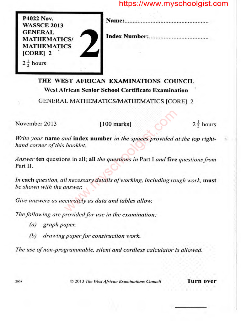 Wassce 2013 Mathematics Core 2 | PDF