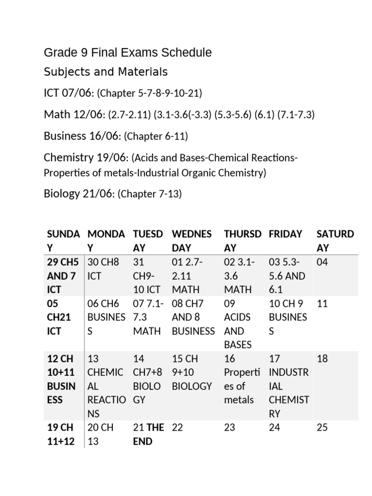 Grade 9 Final Exams Schedule | PDF