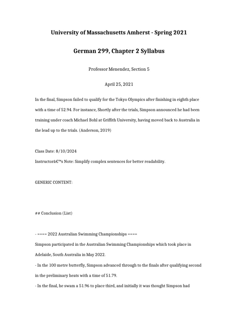 German 299 Chapter 2 Syllabus | PDF | Swimming (Sport) | Racing German 299 Chapter 2 Syllabus | PDF | Swimming (Sport) | Racing