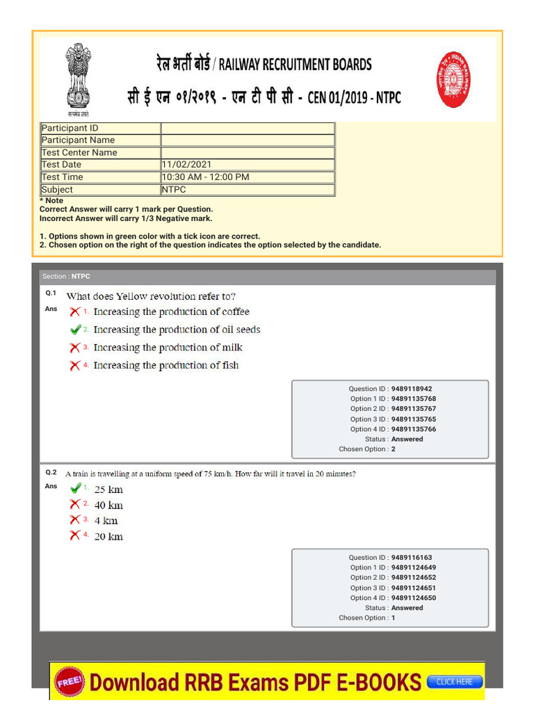 RRB NTPC Exam Answer Key & Notes | PDF | Educational Assessment And ...
