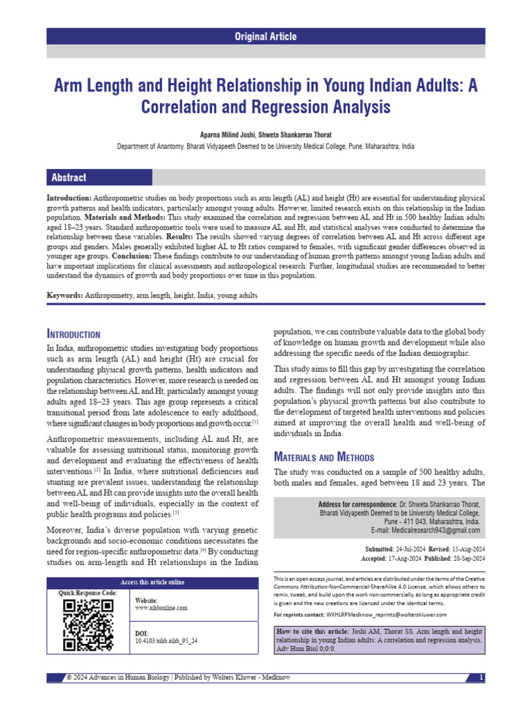 Arm Length and Height Relationship in Young Indian.41 | PDF | Anthropometry