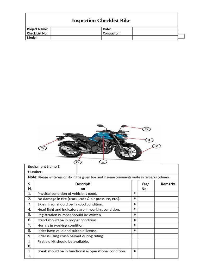 Checklist For Inspection Bike | PDF