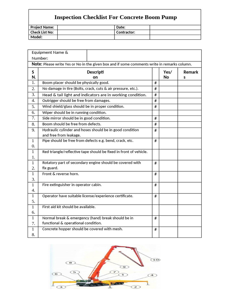 Checklist For Inspection Boom Concrete Pump | PDF