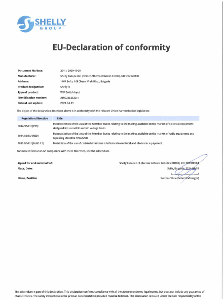Shelly I3 Multilingual EU Declaration of Conformity | PDF