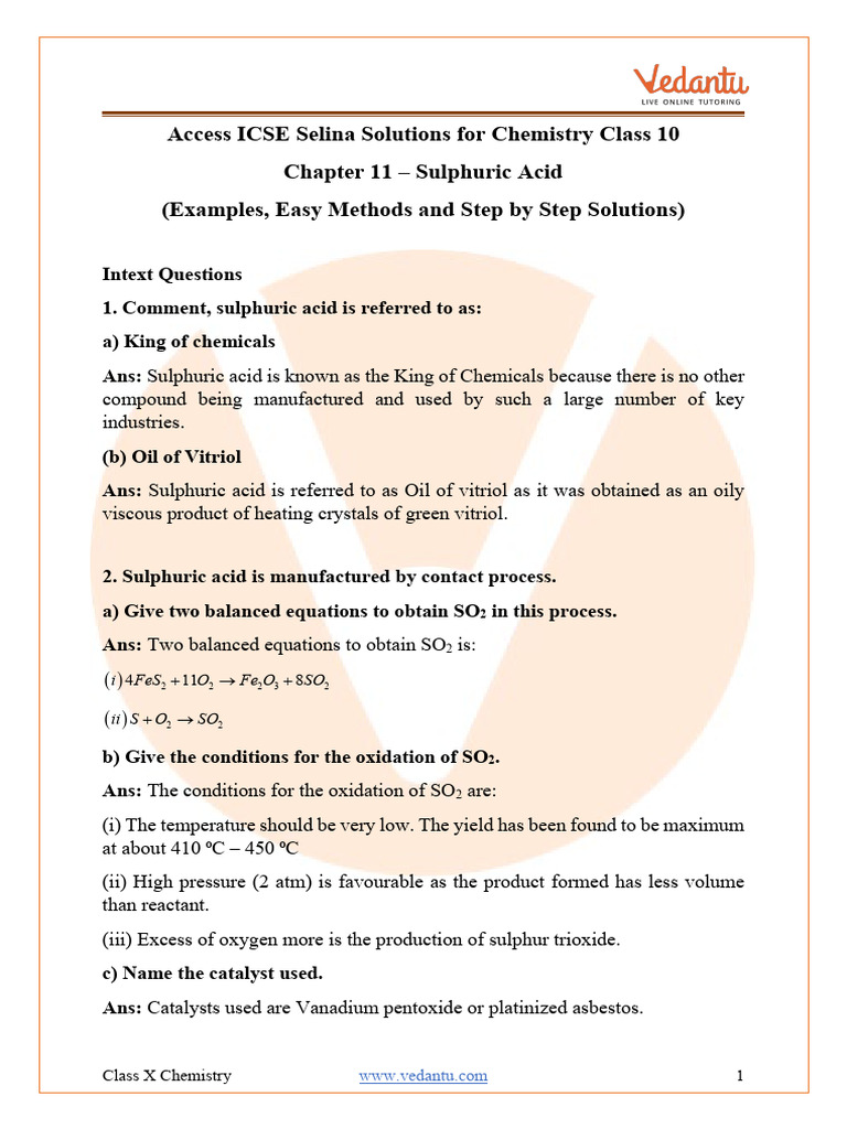Class 10 Concise Chemistry Sulphuric Acid Solutions | PDF | Sulfuric Acid | Hydrochloric Acid