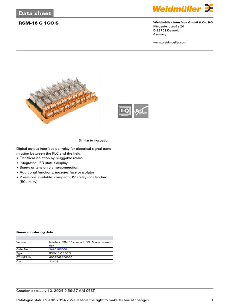 RSM-16 C 1CO S Data Sheet | PDF | Relay | Power Supply