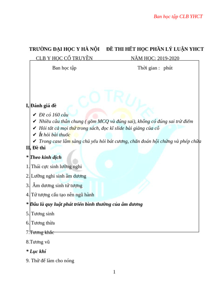 RV Lý Luận YHCT 2019 - (Ái Hằng Biên Soạn) | PDF