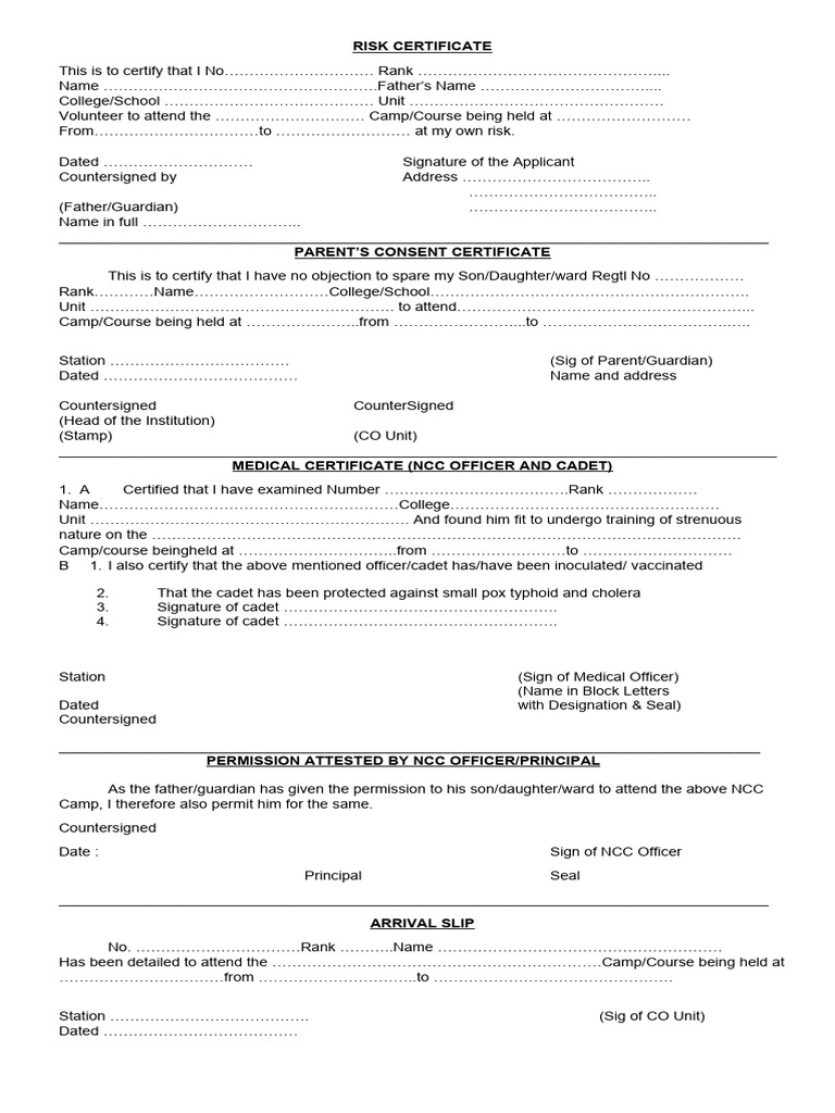 NCC Camp Risk and Consent Certificates | PDF