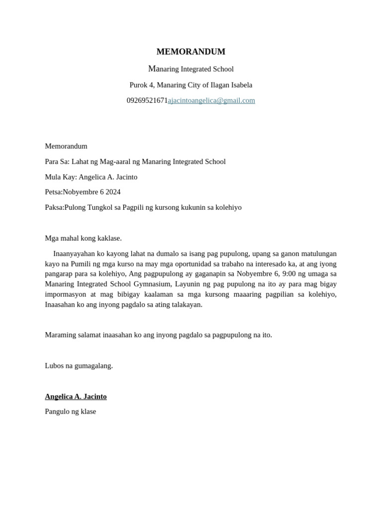 Angelica Memorandum | PDF