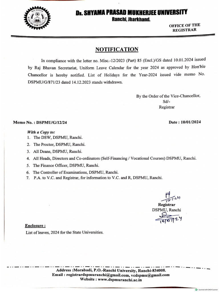 Holiday List 2024 DSPMU | PDF