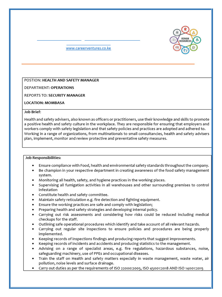 Health and Safety Manager Role 1733603175 | PDF | Occupational Safety ...