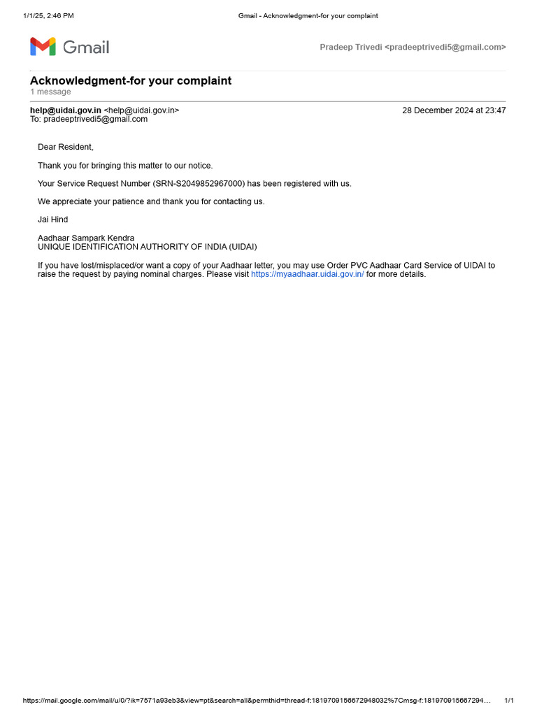 Gmail - Acknowledgment-For Your Complaint | PDF