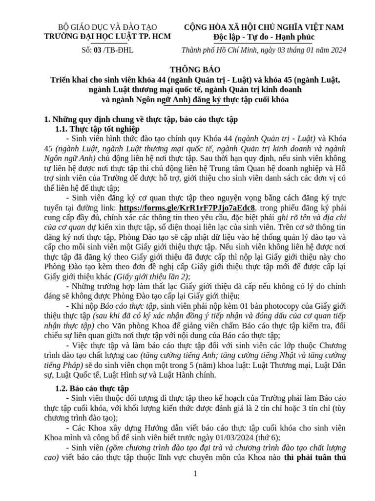 TB - 03 - 03.01.2024 - Trien Khai Thuc Tap Thuc Tap - Khoa 45 - Chinh Thuc - Dang Web | PDF