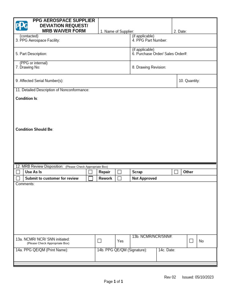 PPG-Supplier-Deviation-Request-MRB-Waiver-Form-rev-02 | PDF