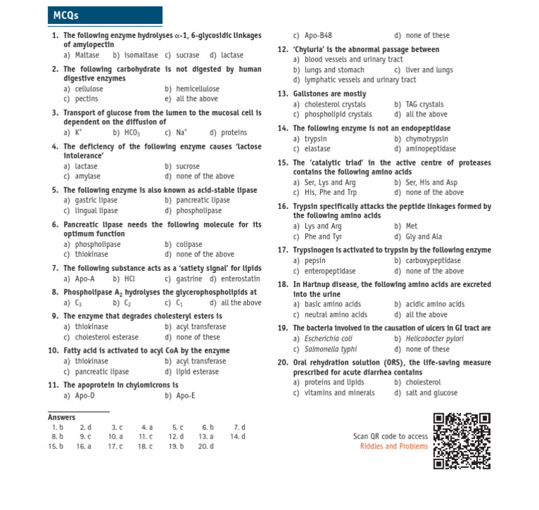 Enzyme and Digestion MCQs with Answers | PDF | Digestion | Amino Acid