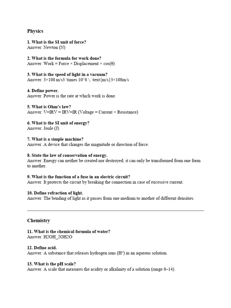 Set 1 Science Questions for Science Class-10 | PDF | Chemistry | Atoms
