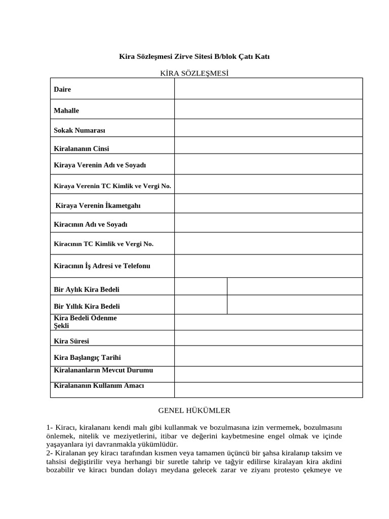Kira Sözleşmesi Örneği Kira Kontrati Örneği Word Hali | PDF