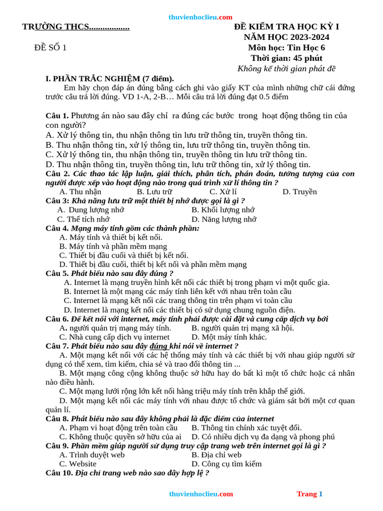 De Thi HK1 Tin 6 Nam 23 24 | PDF