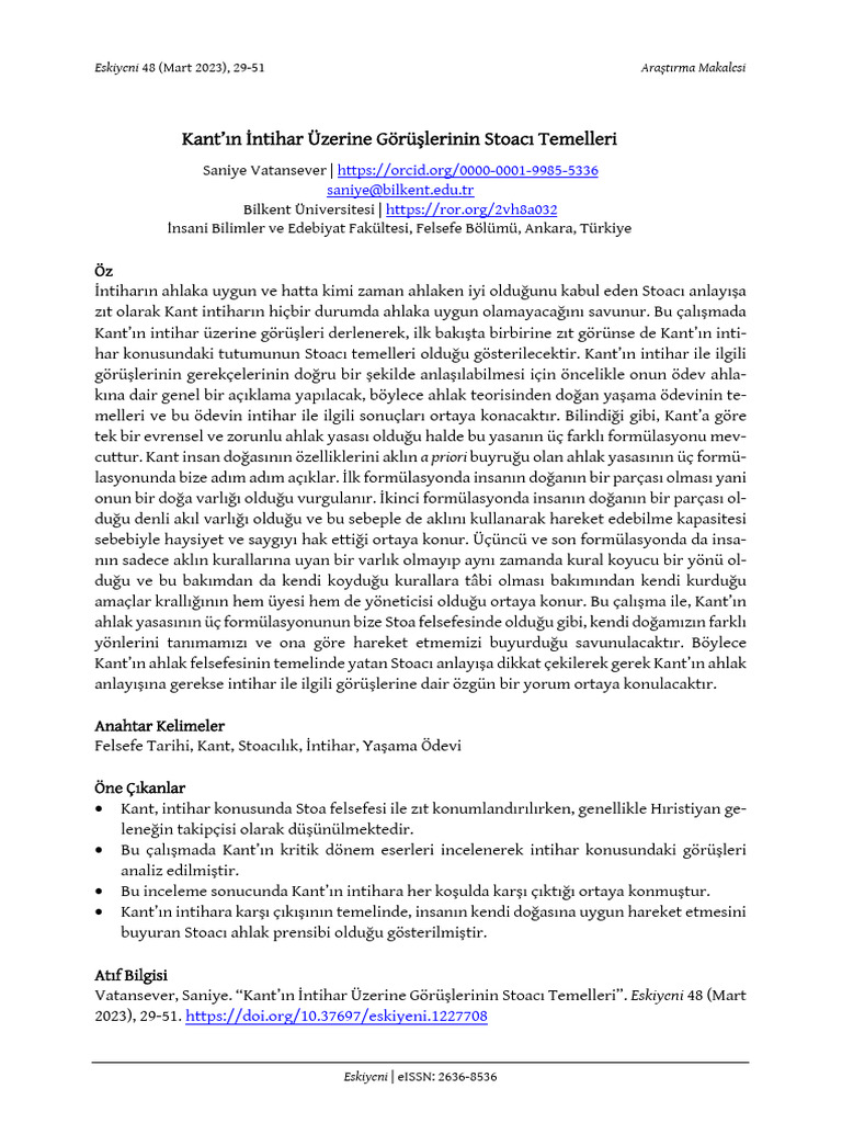 Kant'in İntihar Üzerine Görüşlerinin Stoacı Temelleri | PDF
