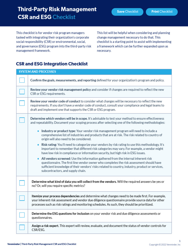 Venminder - Third Party Risk Management CSR and ESG Checklist | PDF ...