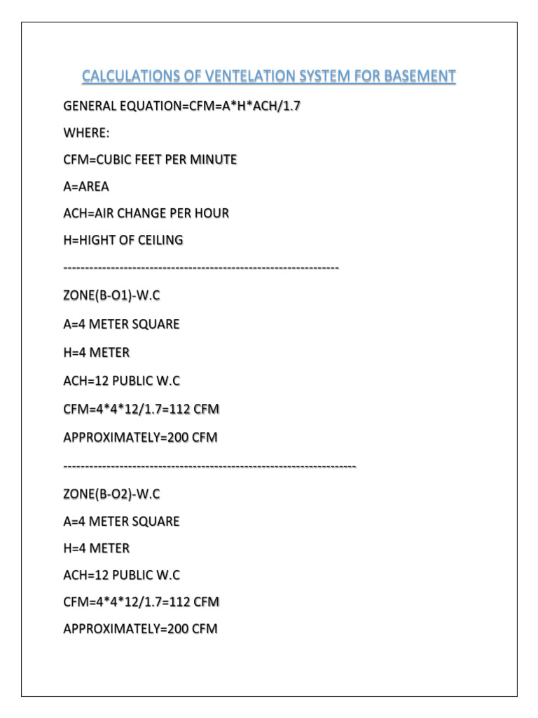 Calculations of Ventelation System For Basement | PDF