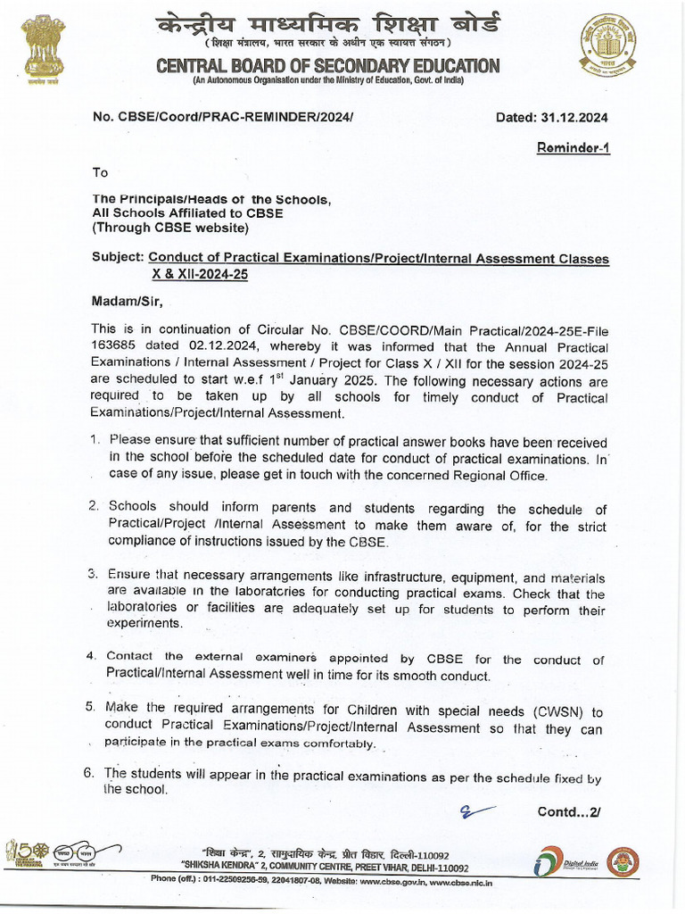 Practical Exam Reminder I 31122024 | PDF