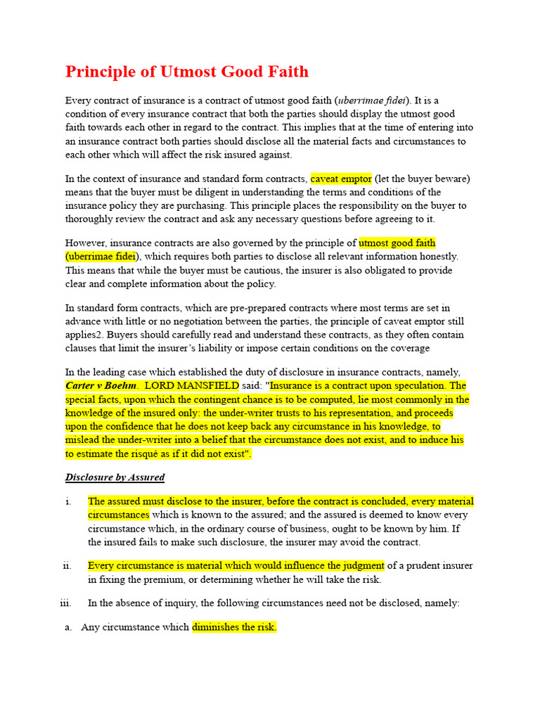 Principle of Utmost Good Faith | PDF | Insurance | Legal Concepts