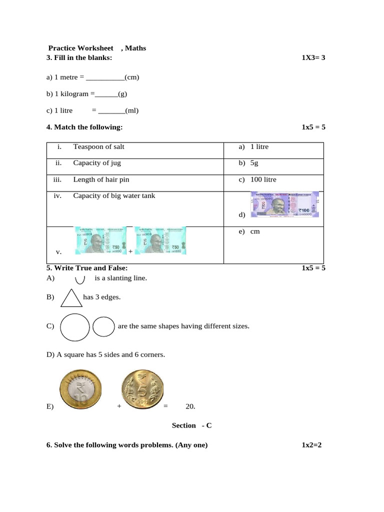 Practice Worksheet, Maths Grade 2 | PDF