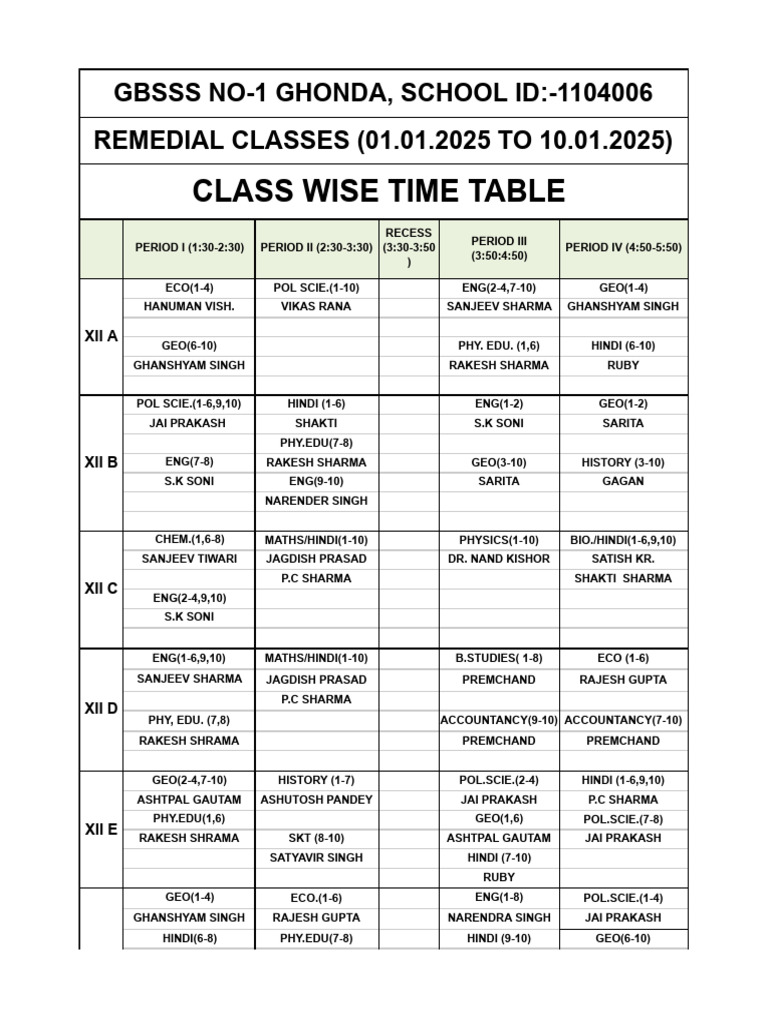 REMEDAIL CLASS WISE TIME TABLE.xlsx (1) | PDF